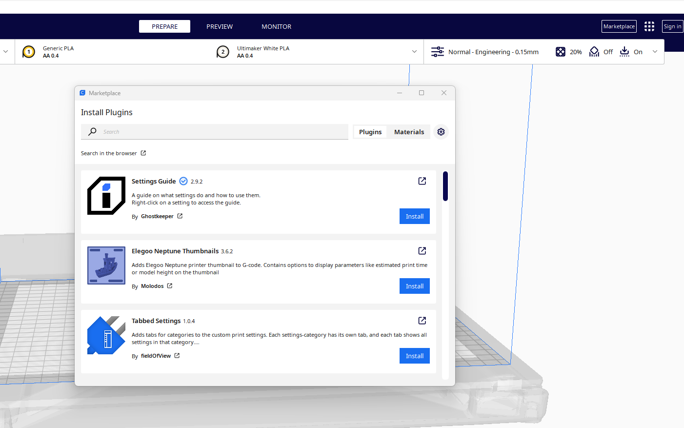 Missing Plugins for UltiMaker Cura when signed in