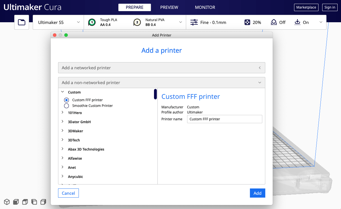 Which third party printer brands are available in Ultimaker Cura?