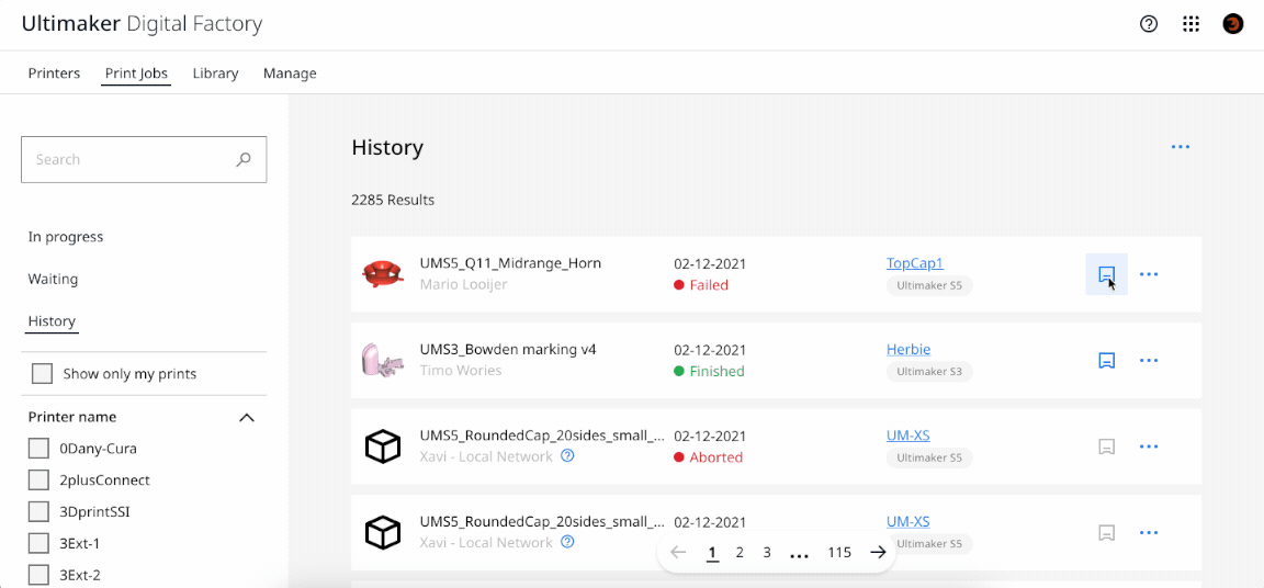 Manage print jobs in Digital Factory