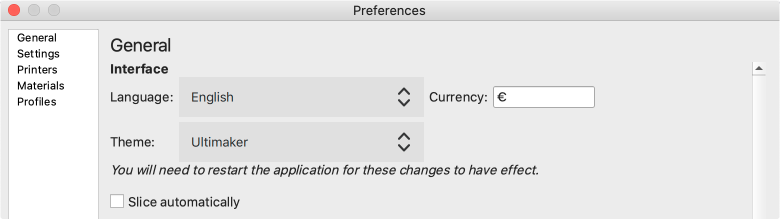 Preferences overview of Ultimaker Cura