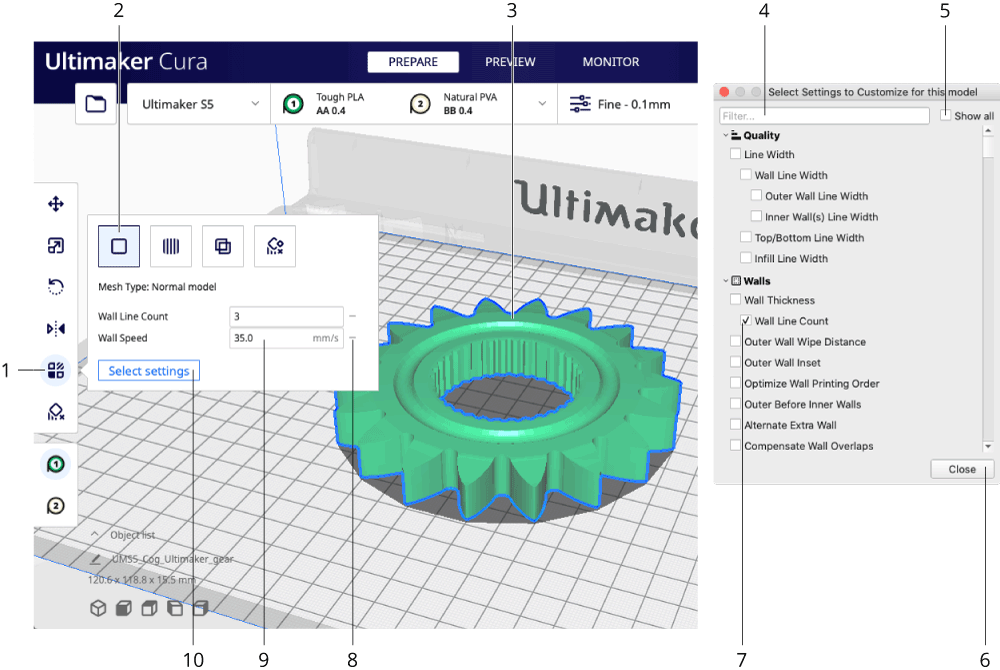 How to adjust print settings per model in UltiMaker Cura