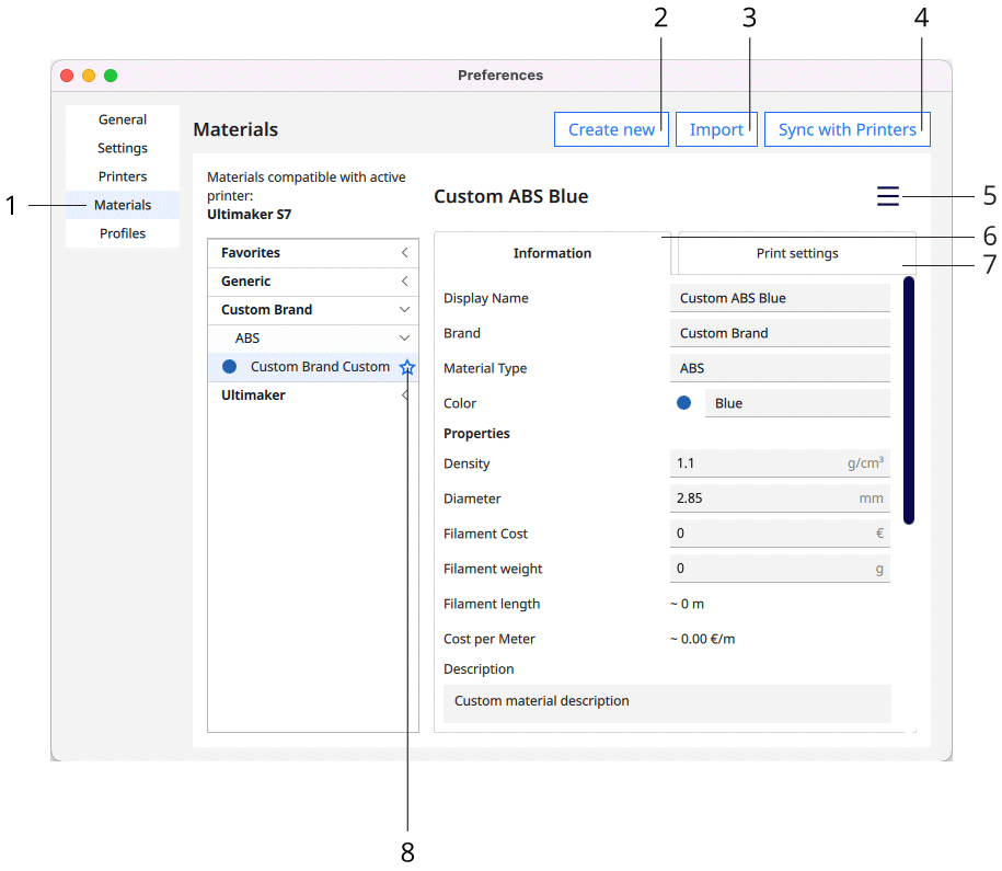 The UltiMaker Cura material manager